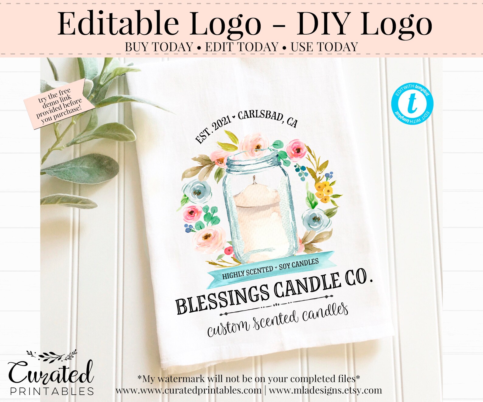 Editable Logo Candle Logo Candle Making Logo Mason Jar - Etsy