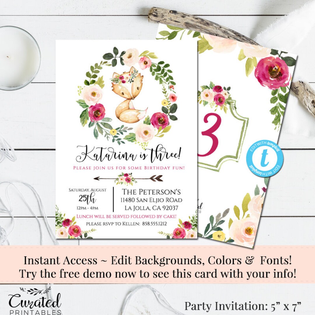 Woodland Invite, Fox Invitation, Birthday Invite, Printable DIY ...