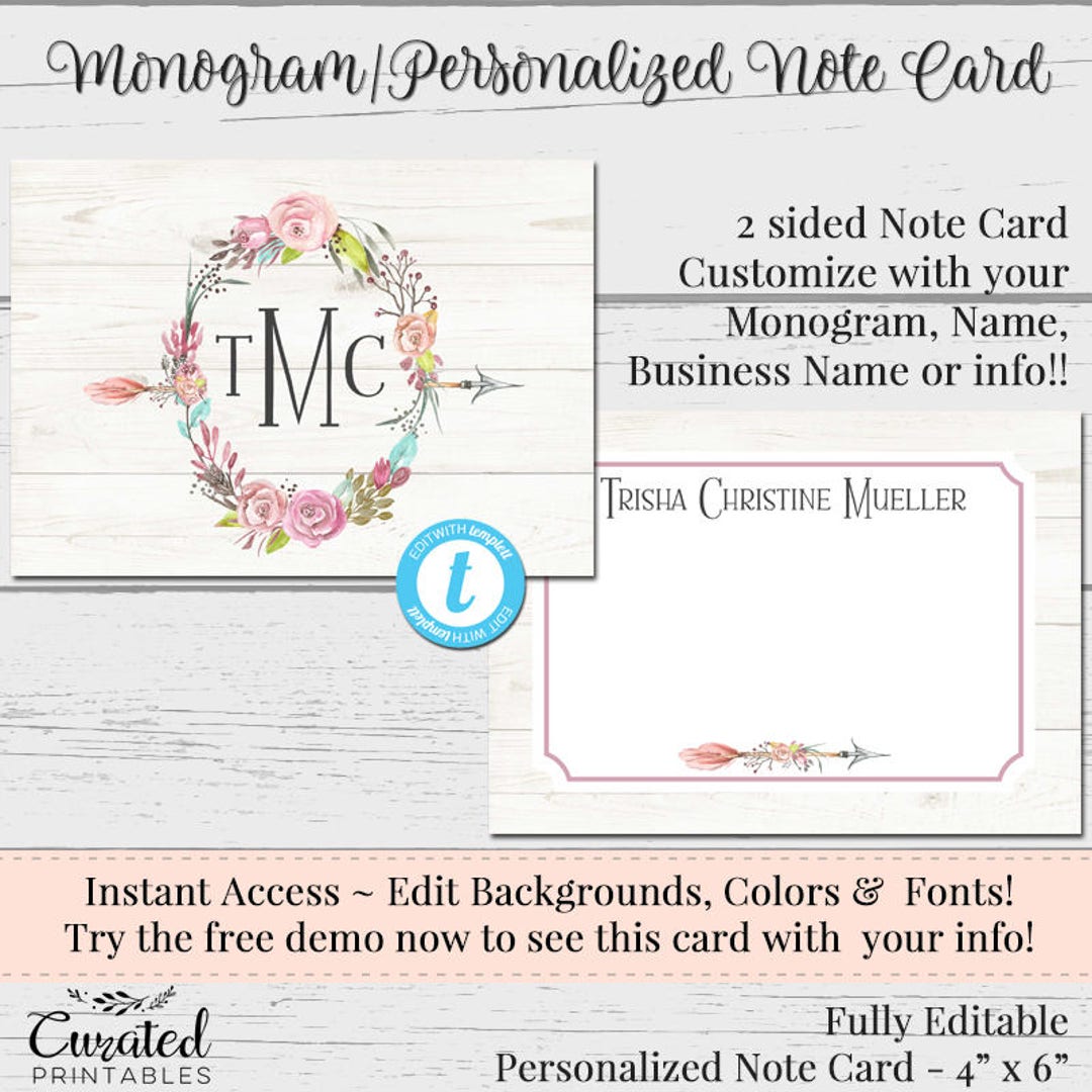 Monogram Note Card, Personalized Note Card, Custom Note Card, Bridal ...
