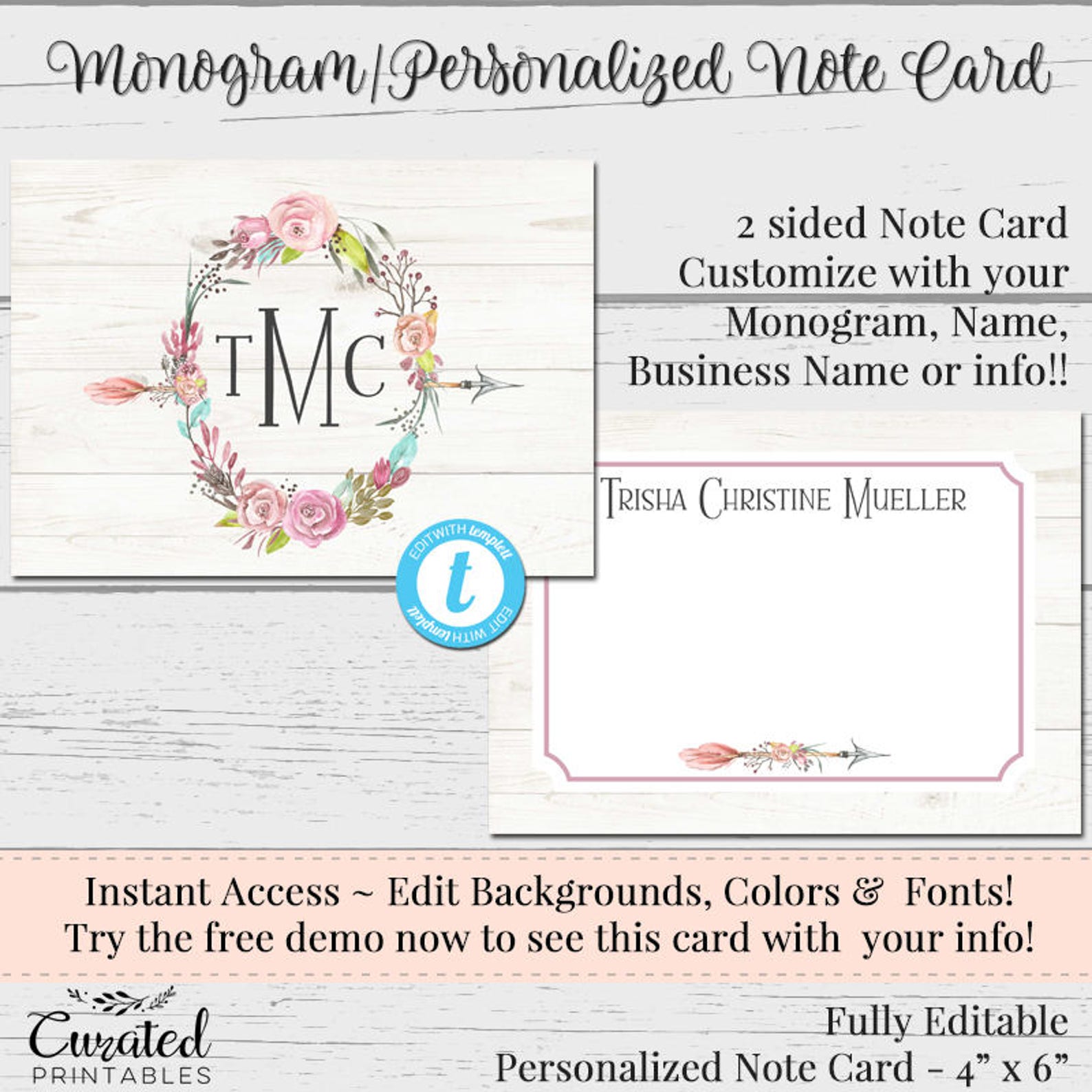 Monogram Note Card Personalized Note Card Custom Note Card | Etsy