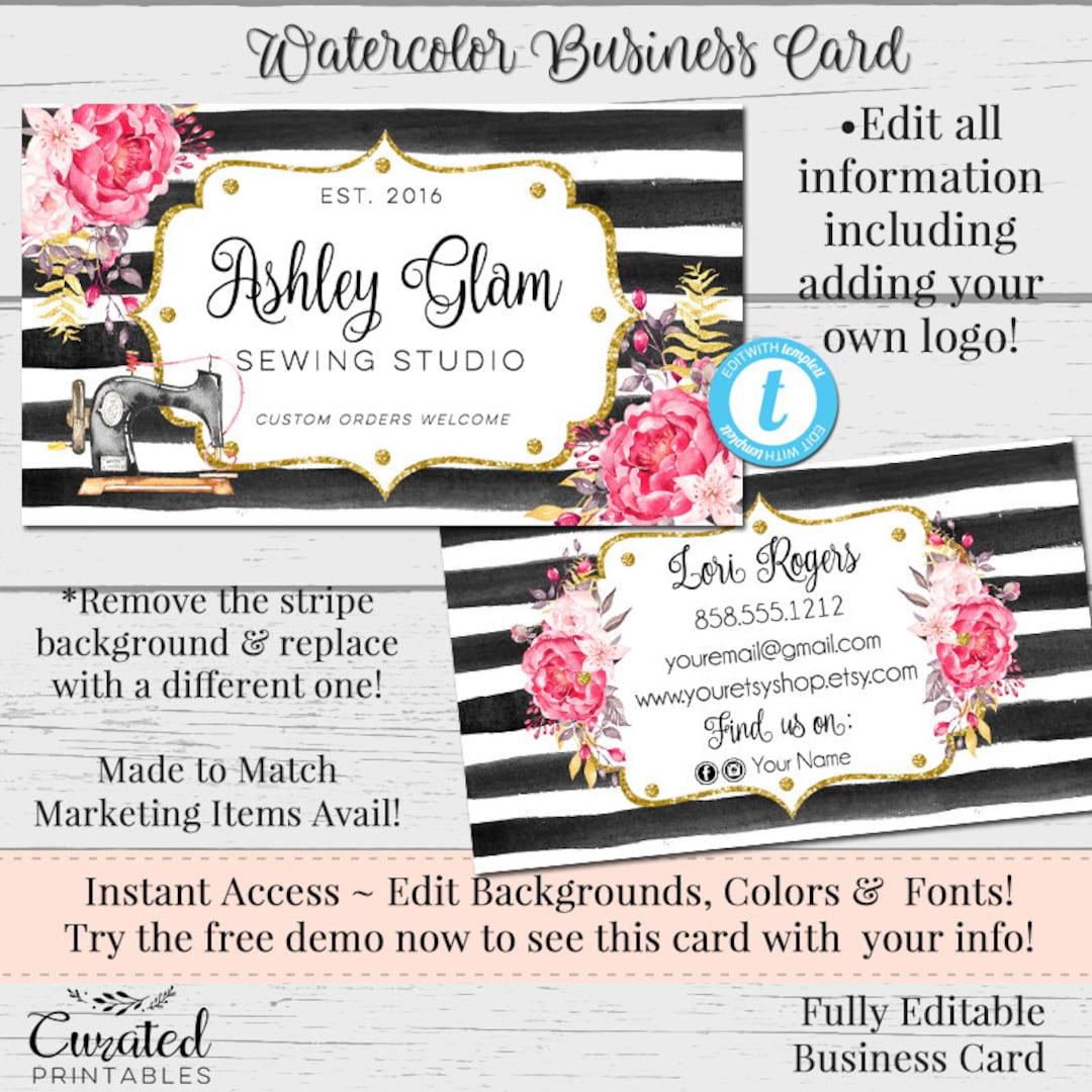 Sewing Business Card, DIY Business Card, Watercolor Card, Editable ...