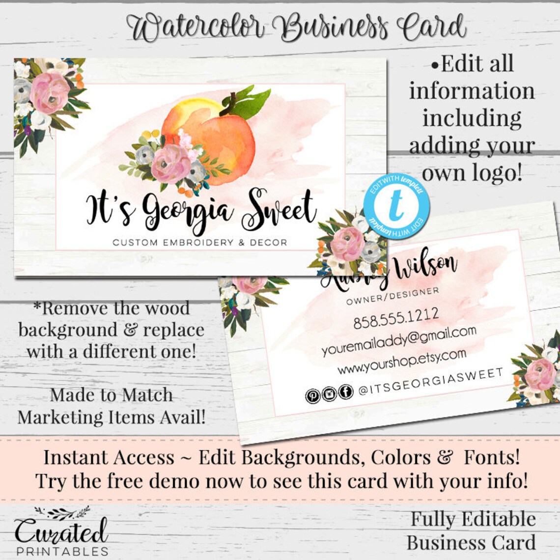 Peach Business Card Editable Card Business Card Template - Etsy