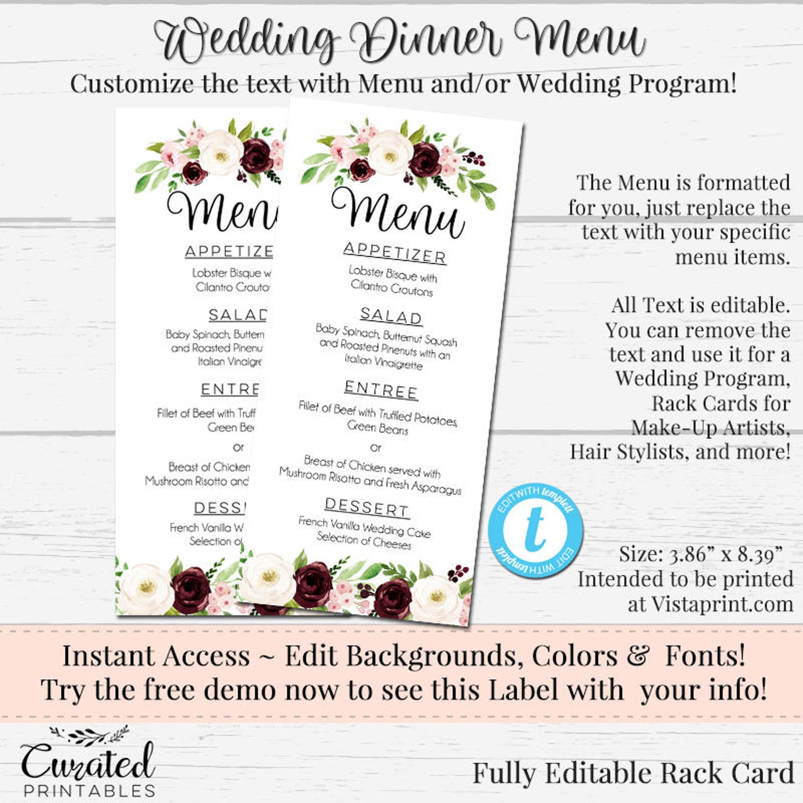 Printable Menu Wedding Menu Printable Wedding Templates | Etsy