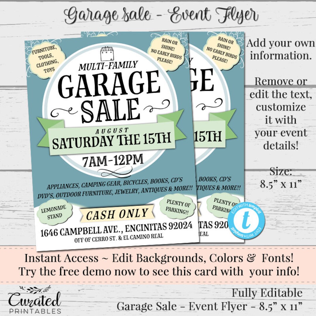 Garage Sale, Rummage Sale, Yard Sale Flyer, Invitation for Vendors, DIY ...