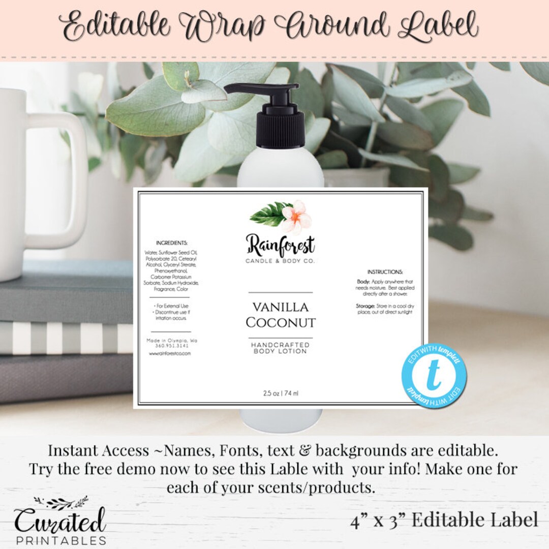 Wrap Around Bottle Label, Editable Bottle Label, DIY Bottle Label ...