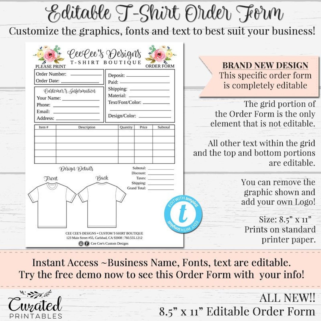 NEW T-shirt Order Form, Customizable Order Form, Editable Order Form ...