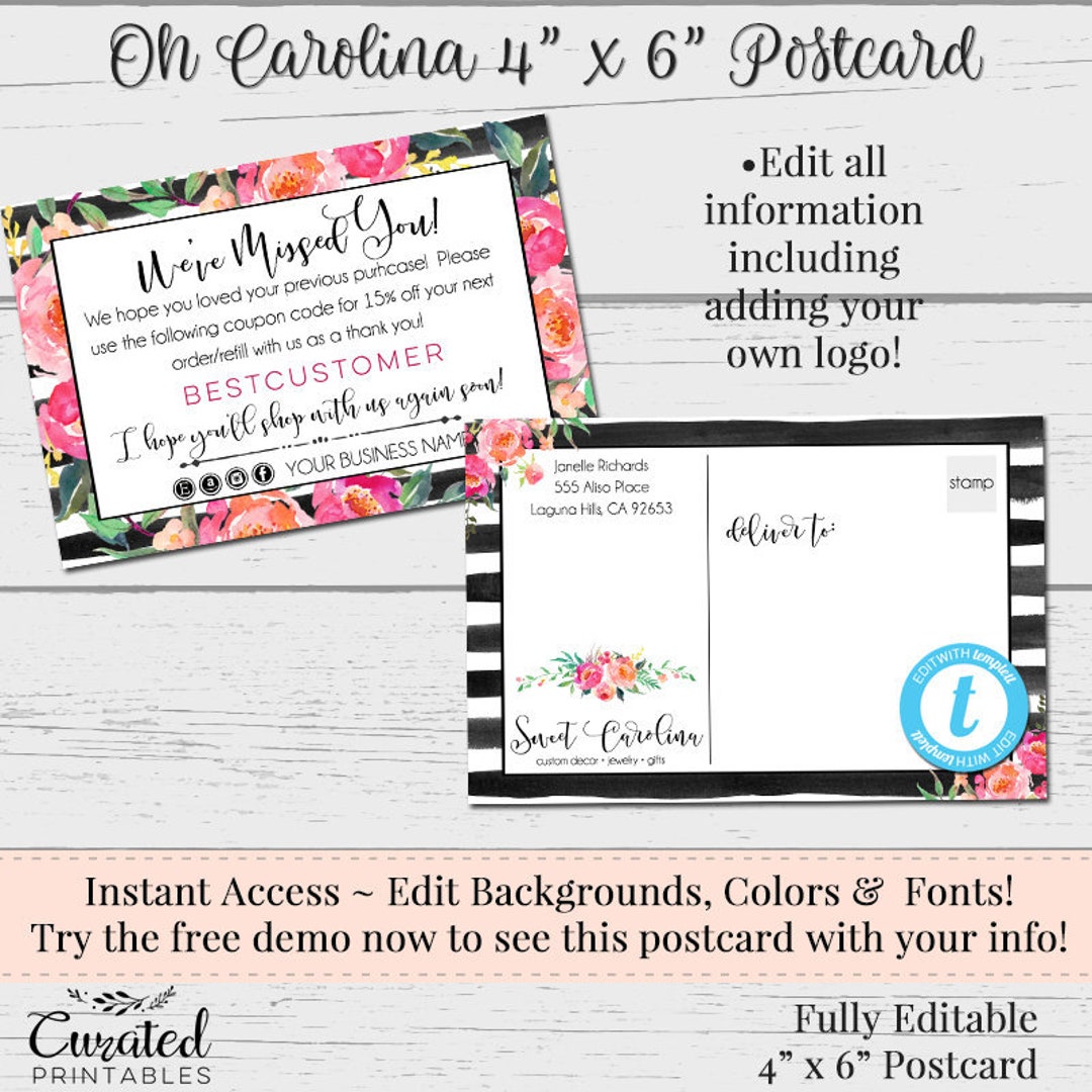We've Missed You Postcards, Editable Postcards, Package Inserts, 4 X 6 ...