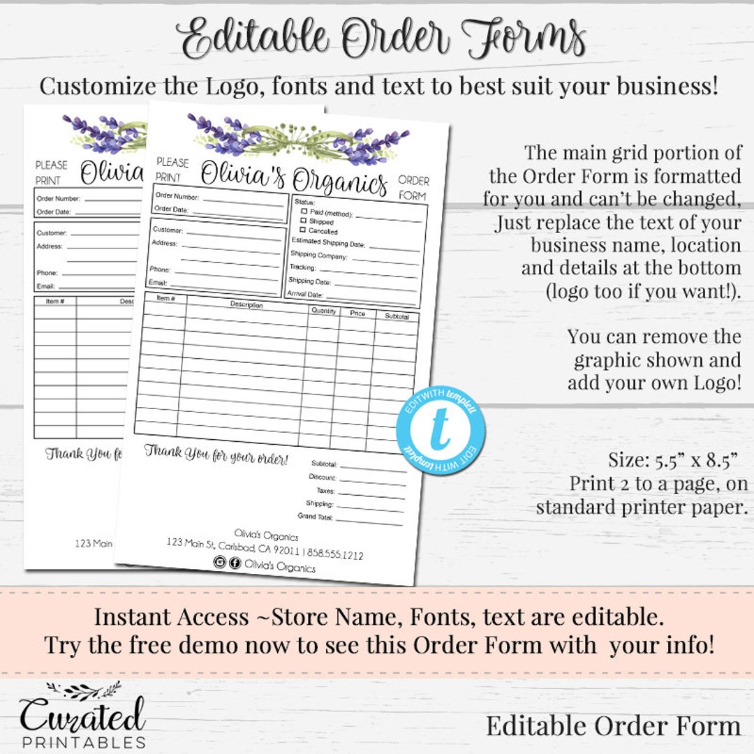 Lavender Order Form, Customizable Order Form, Editable Order Form ...