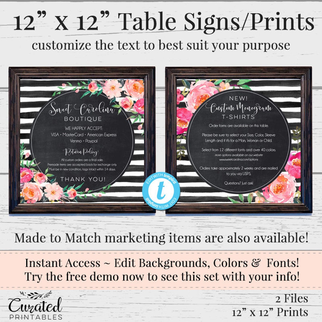 12" X 12" Editable Poster Sign, Advertising Print, DIY Table Sign ...