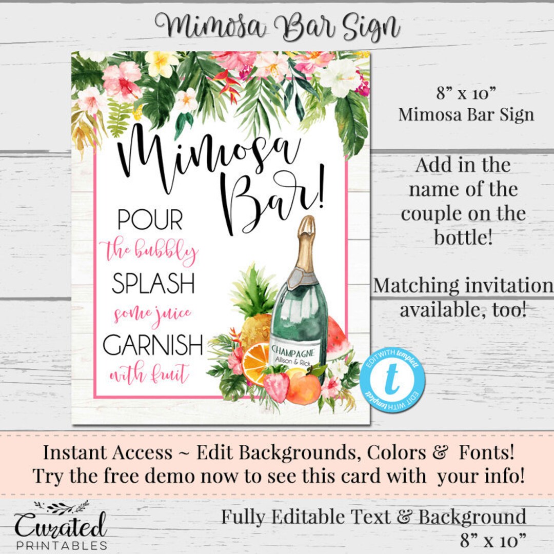 Mimosa Bar Sign, Editable Bar Sign, Tropical Party, Luau Invitation ...