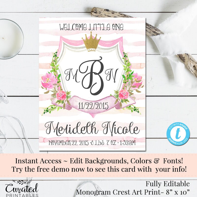 Nursery Print Monogram Crest Baby Gift Watercolor Initials | Etsy