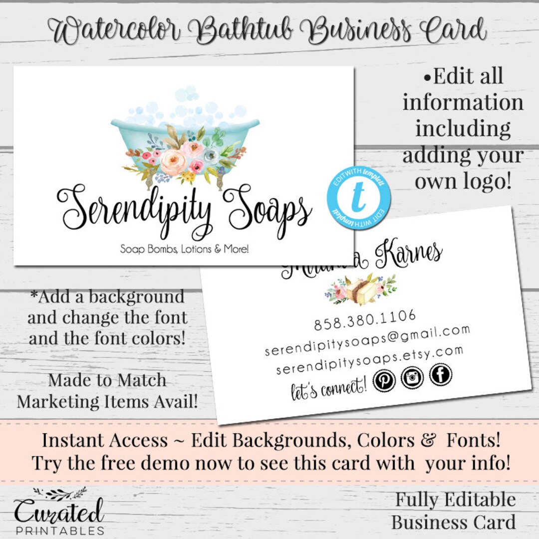 Soap Business Card, Bathtub Card Template, DIY Business Card, Instant ...