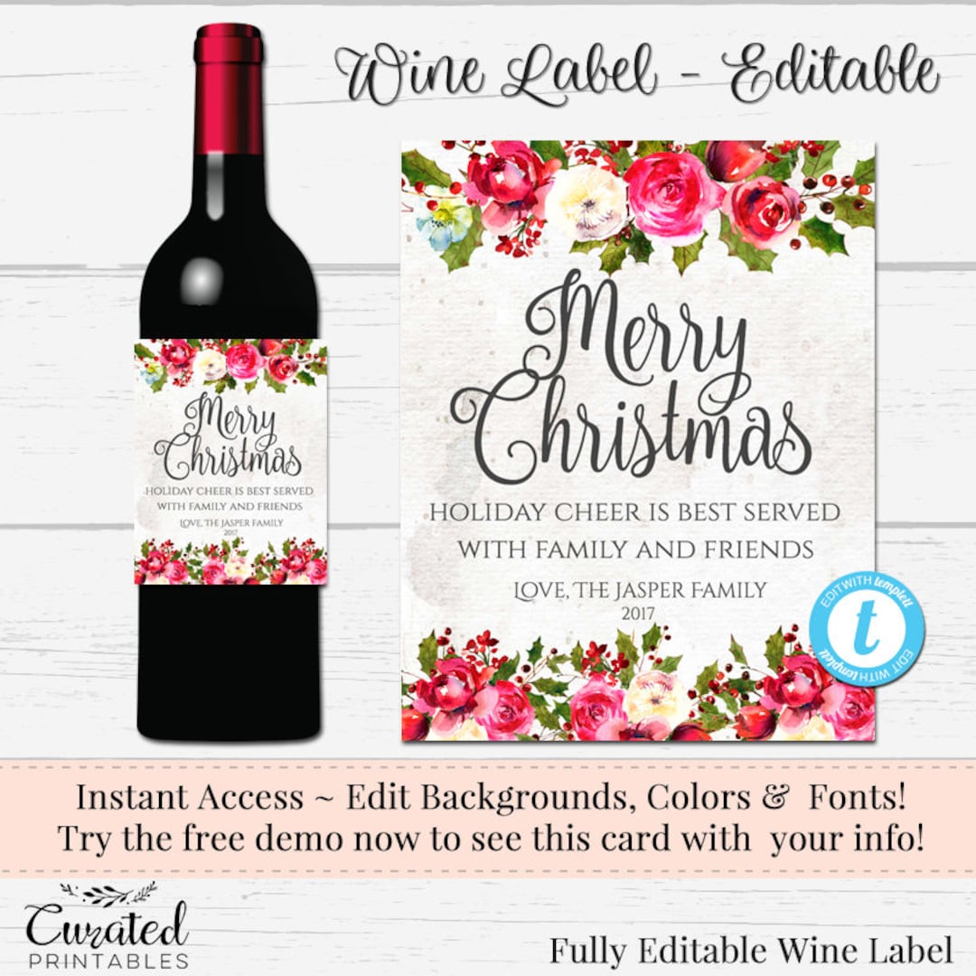 Christmas Wine Label, Editable Wine Label, Custom Holiday Wine Label ...