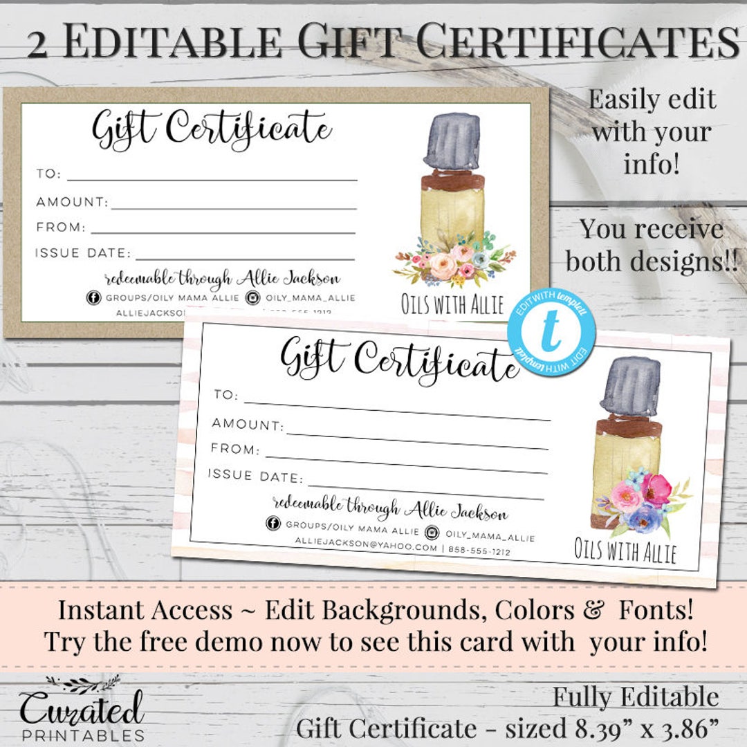 Gift Certificate, Essential Oils Voucher, Printable Gift Cert, Editable ...