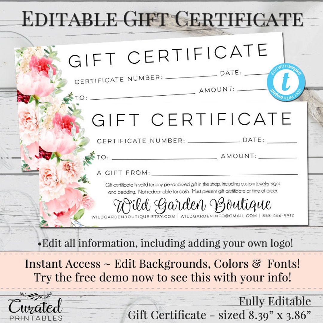 Editable Gift Certificate, Printable Gift Cert, DIY Gift Certificate ...