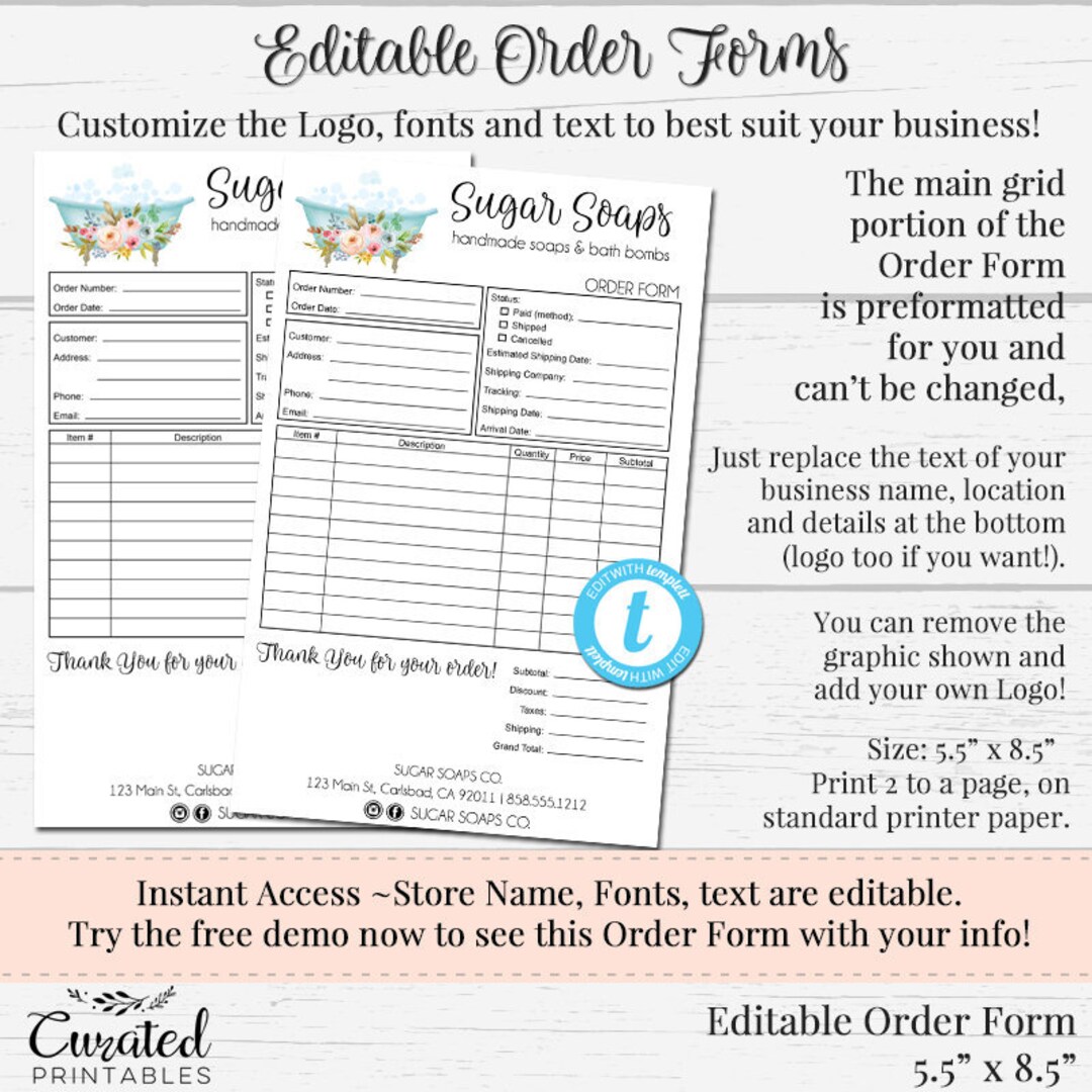 Order Form, Customizable Order Form, Editable Order Form, Form Template ...