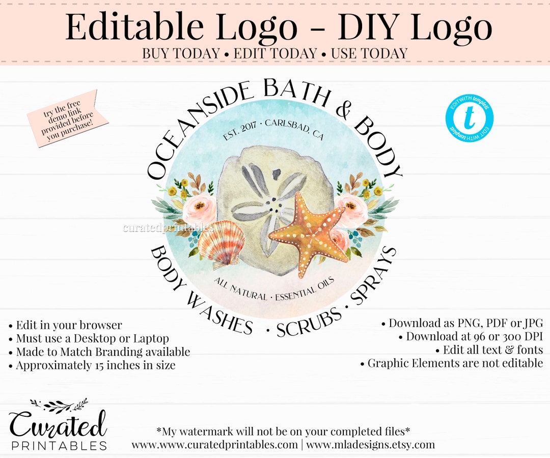 Editable Logo, Beach Logo, Shell Logo, Bath and Body Logo, Coastal Logo ...