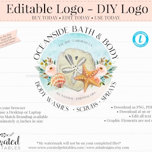 Editable Logo, Beach Logo, Shell Logo, Bath and Body Logo, Coastal Logo ...