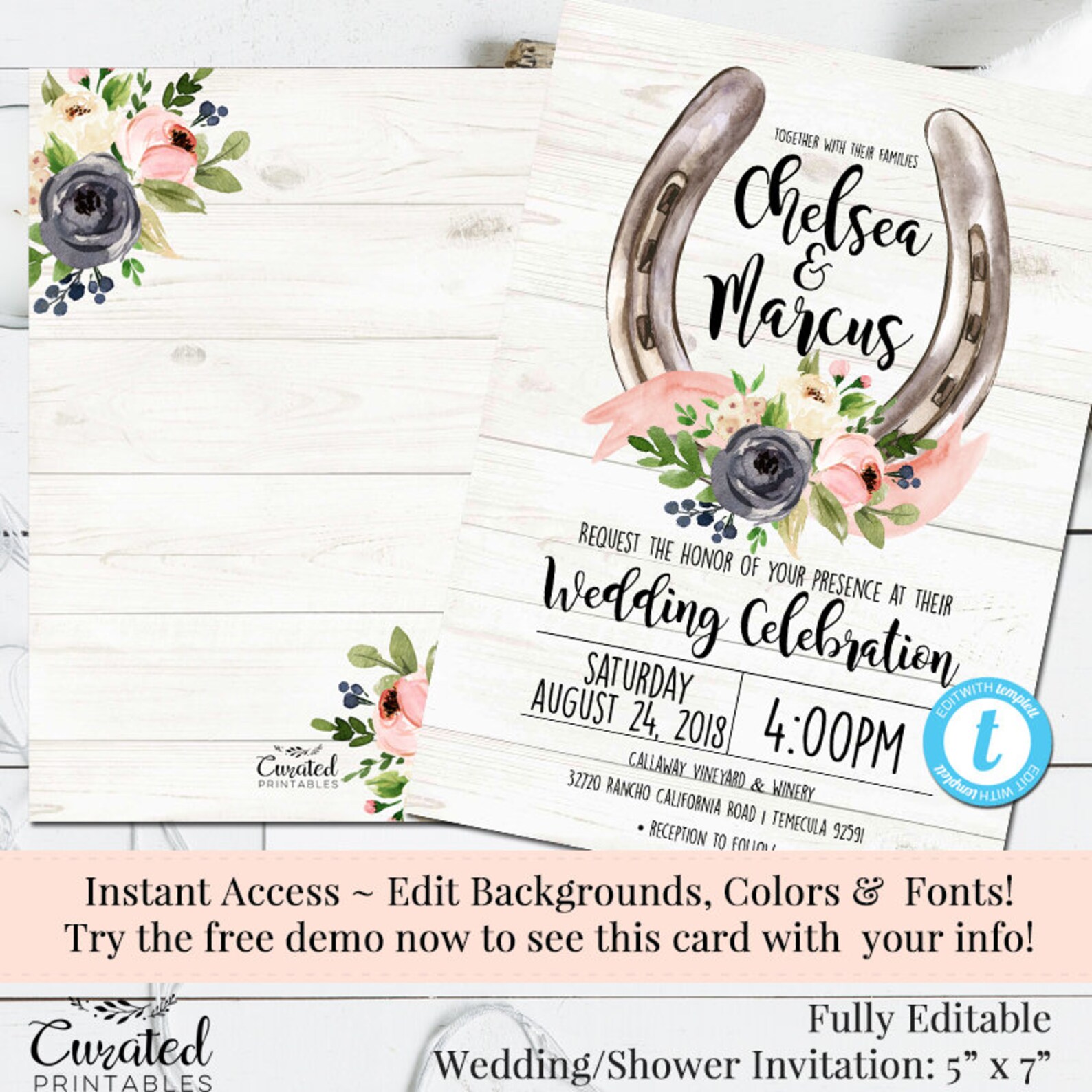 Country Wedding Invitation, Invitation Template Set, Wedding Template ...