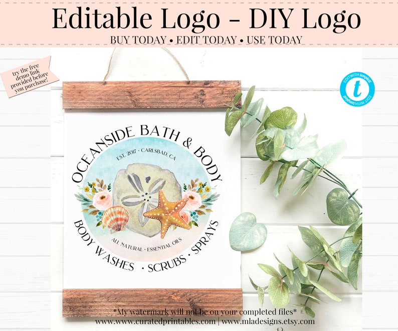 Editable Logo, Beach Logo, Shell Logo, Bath and Body Logo, Coastal Logo ...