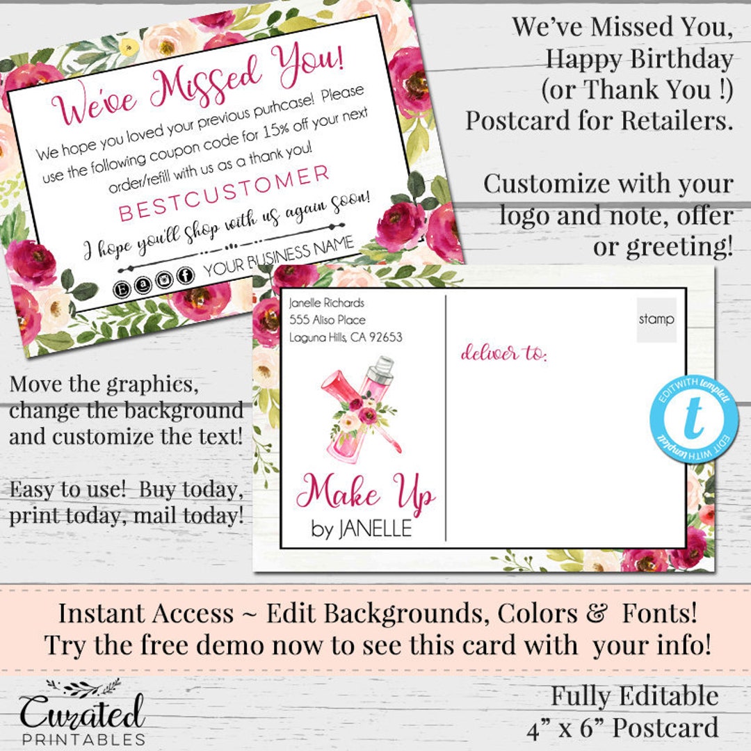 We've Missed You Postcards, Editable Postcards, Package Inserts, 4 X 6 ...