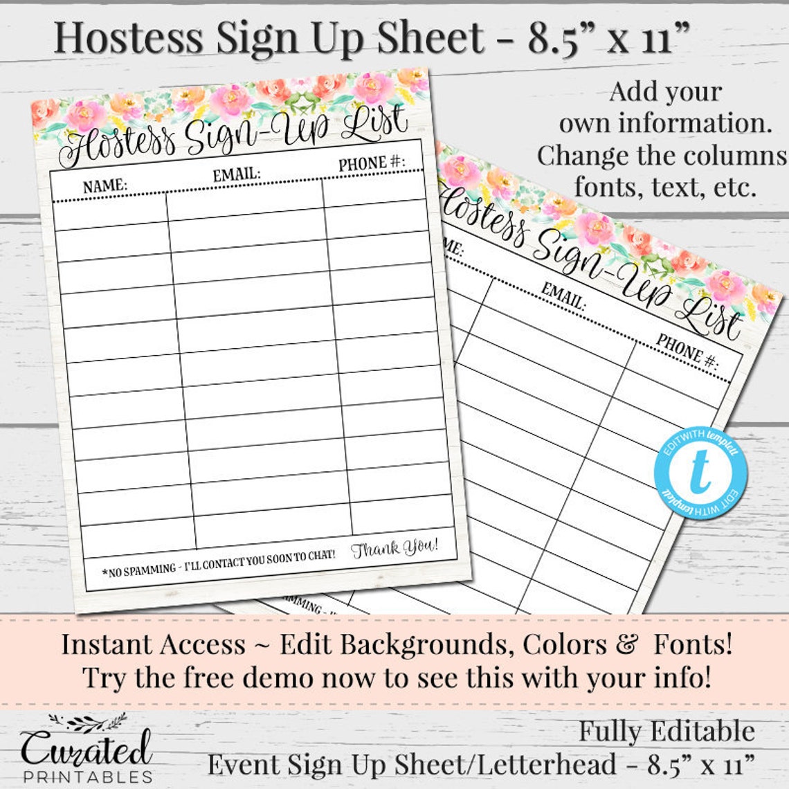 DIY Hostess Sign Up Sheet Editable Customer Sheet DIY | Etsy
