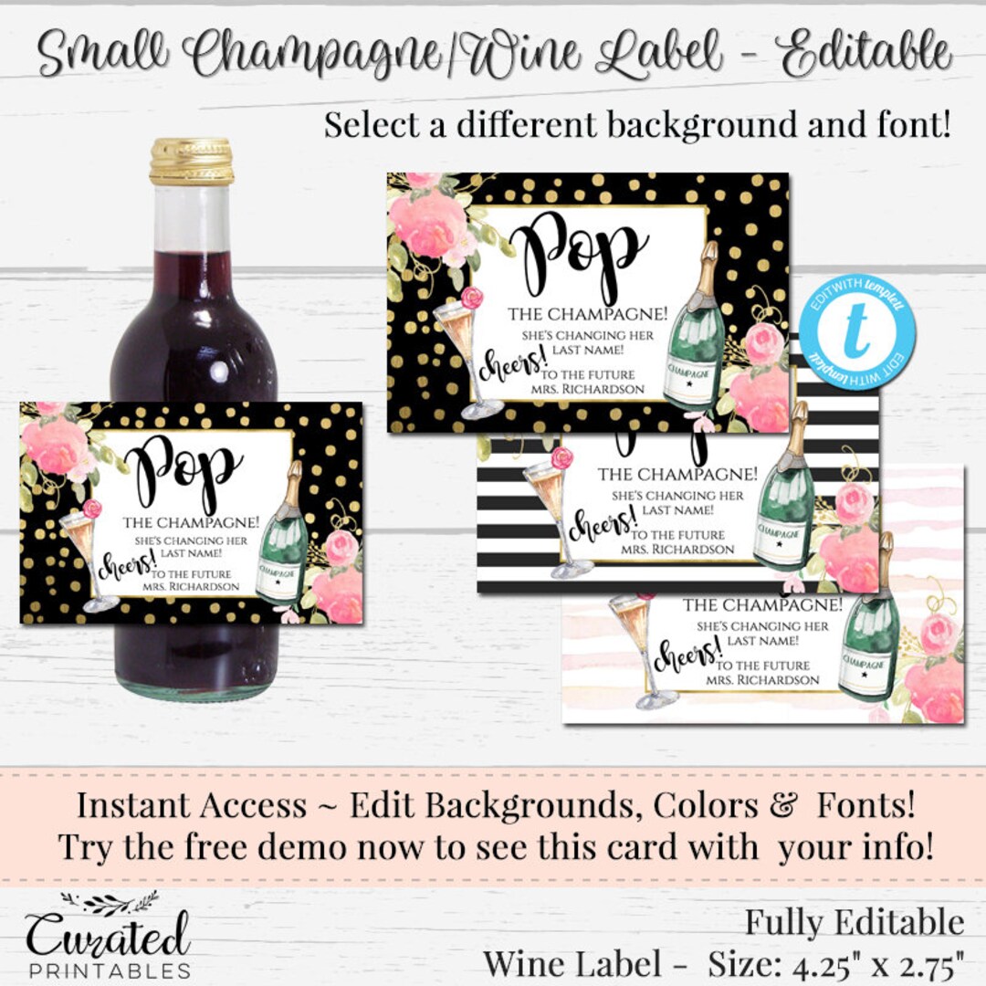 Mini Champagne Label, Editable Wine Label, Small DIY Wine Label, DIY ...