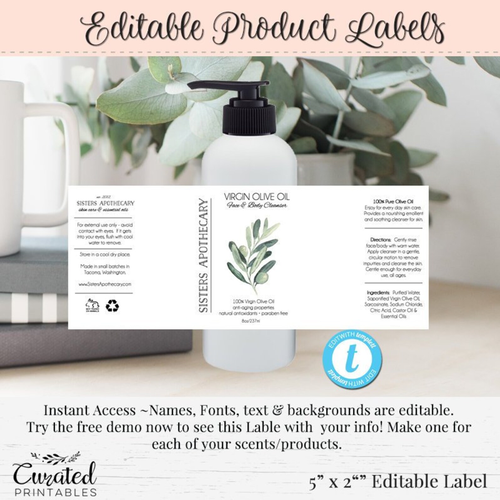 Wrap Around Bottle Label Editable Bottle Label DIY Bottle | Etsy Canada