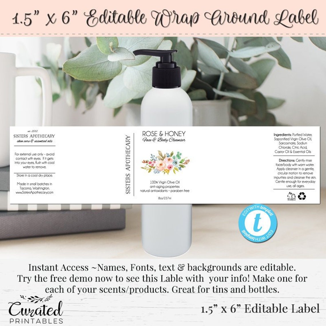Wrap Around Bottle Label, Editable Bottle Label, DIY Bottle Label ...