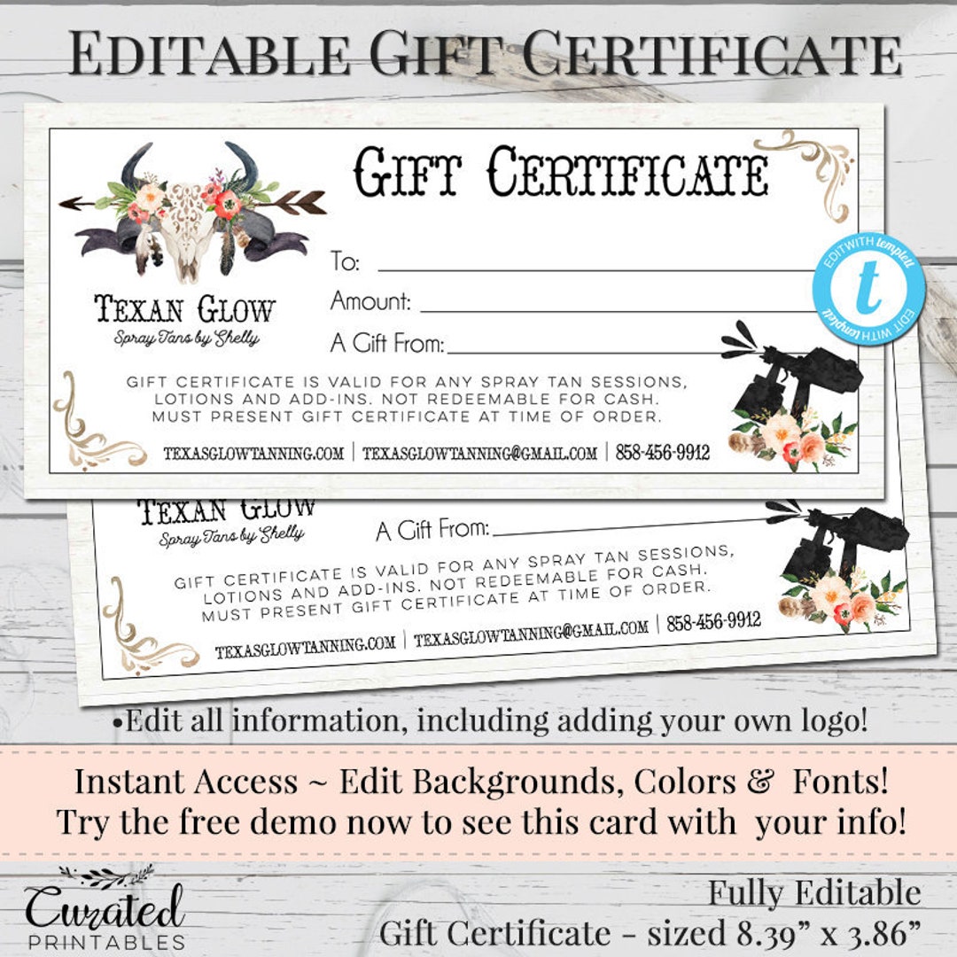 Gift Certificate, Spray Tan, Printable Gift Cert, DIY Gift Certificate ...