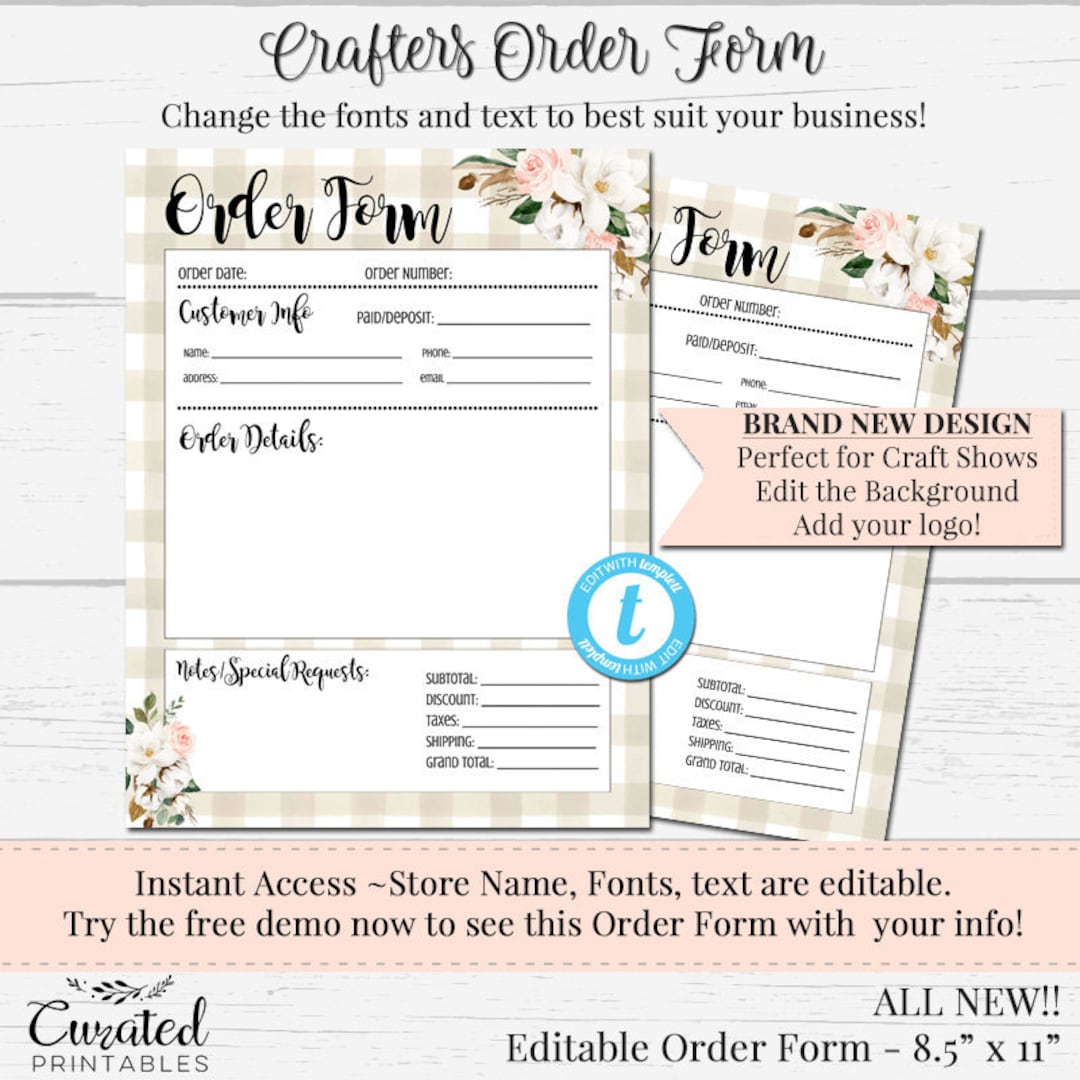 Crafter Order Form, Customizable Order Form, Completely Editable Order ...