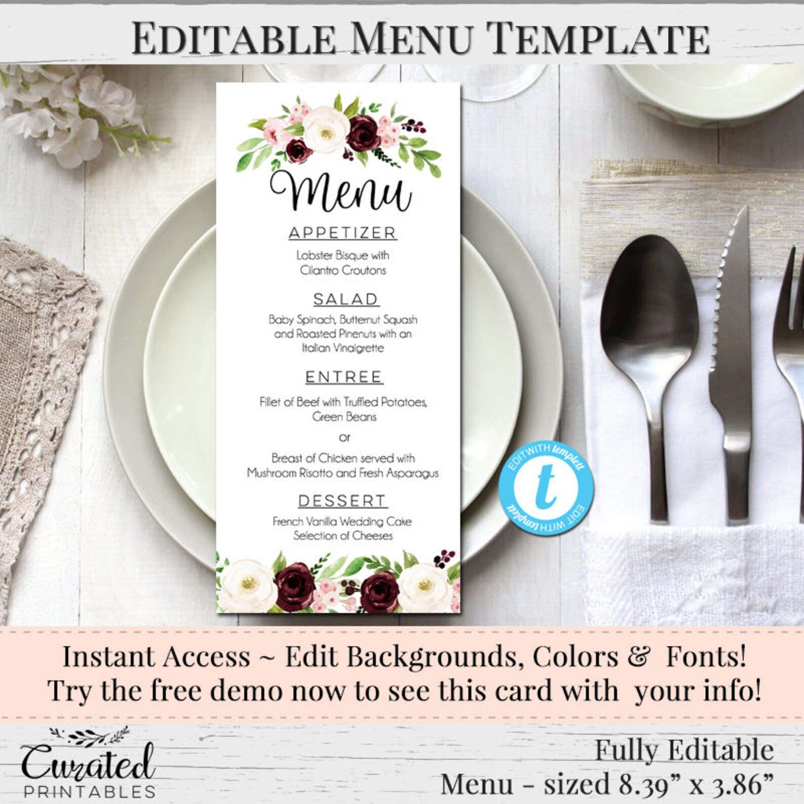 Printable Menu Wedding Menu Printable Wedding Templates - Etsy