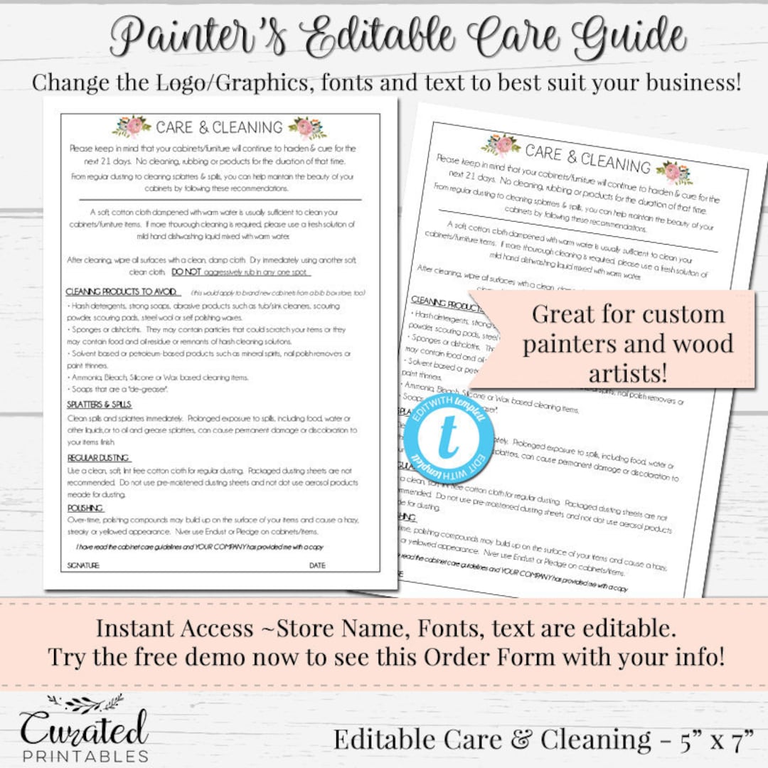 Care and Cleaning Insert, Customizable Care Form, Editable Cleaning ...