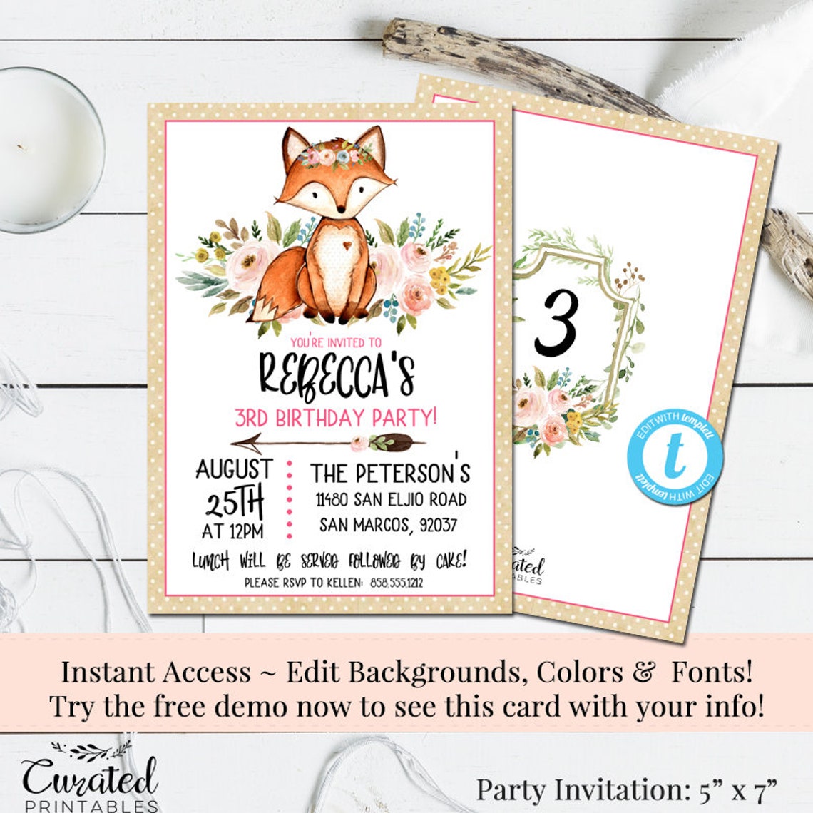 Woodland Invite, Fox Invitation, Birthday Invite, Printable DIY ...