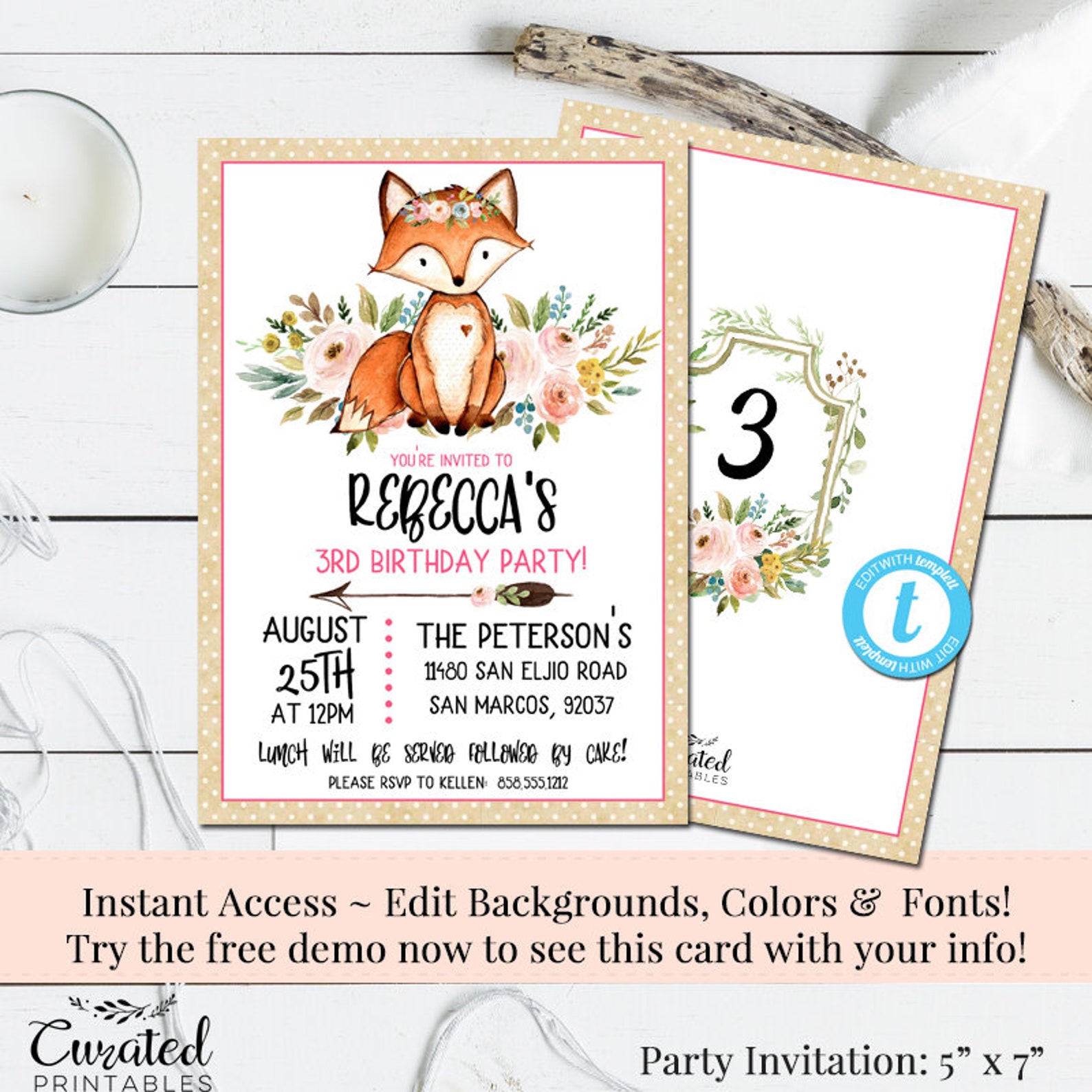 Woodland Invite Fox Invitation Birthday Invite Printable - Etsy