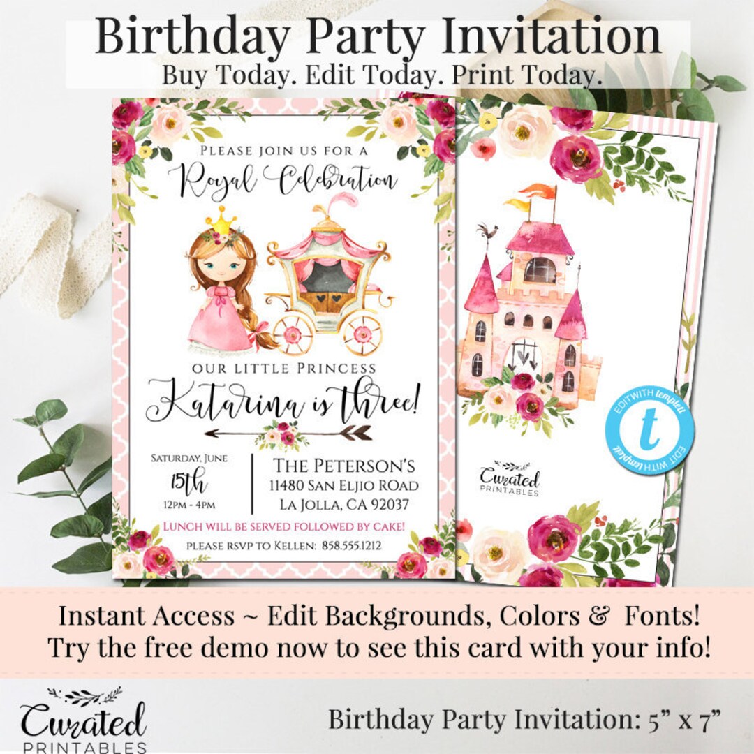Princess Invitation, Editable Invitation, Birthday Invite, Printable ...