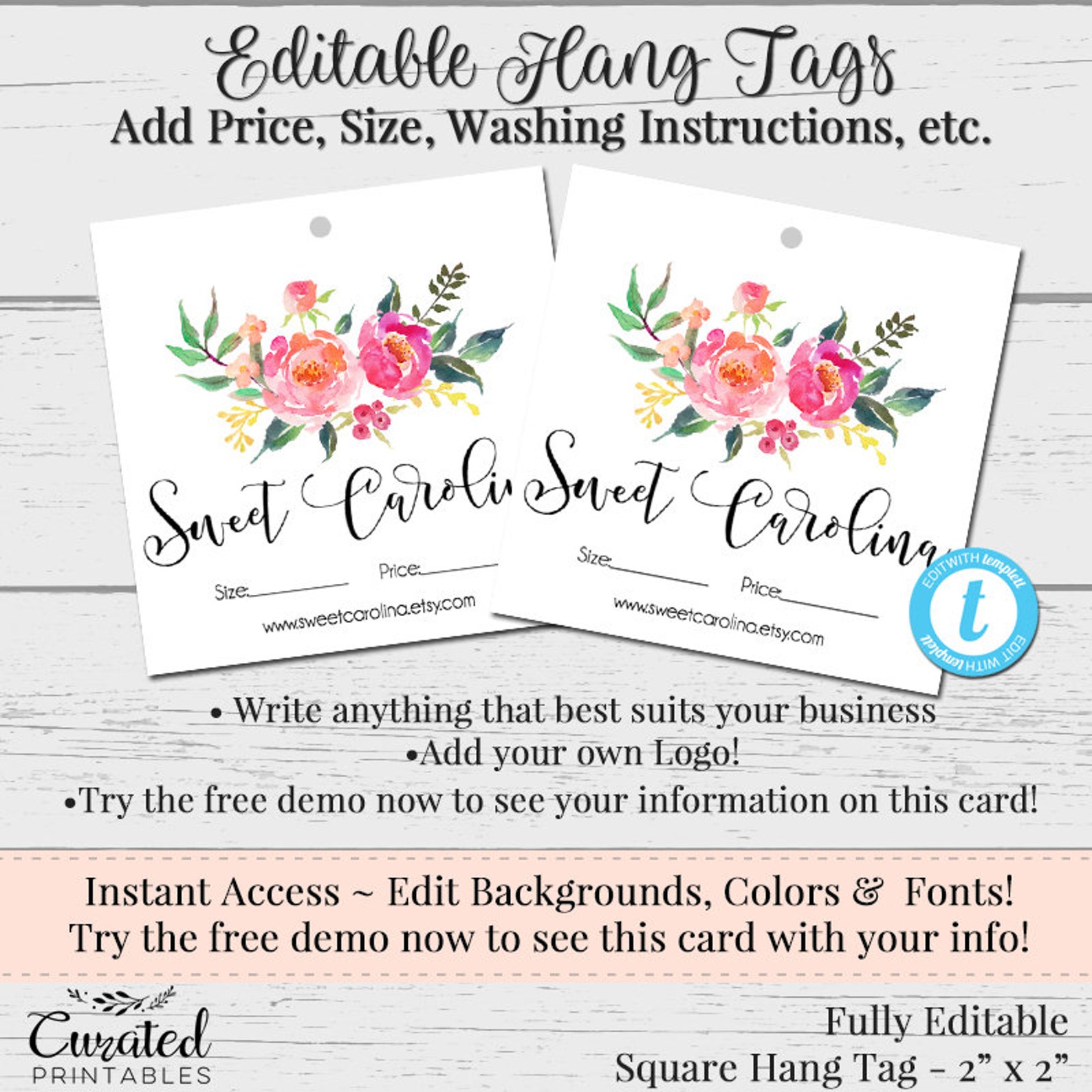 Floral Hang Tag Editable Hang Tag Price Tag DIY Hang Tag - Etsy