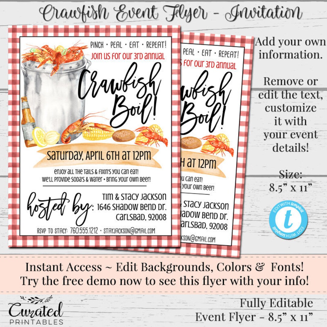 Crawfish Boil Invitation, Custom Flyer, DIY Crawfish Flyer, Edit ...