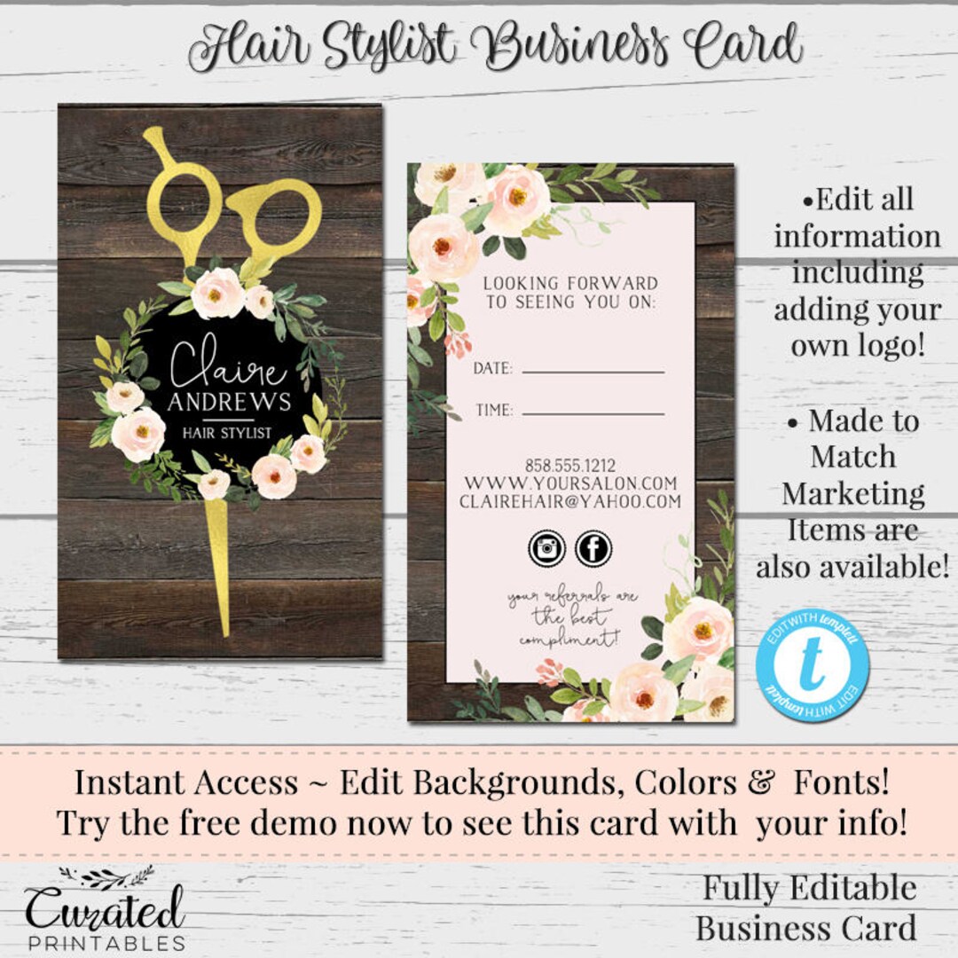 Hair Stylist Business Card, Watercolor Card, Business Card Template ...