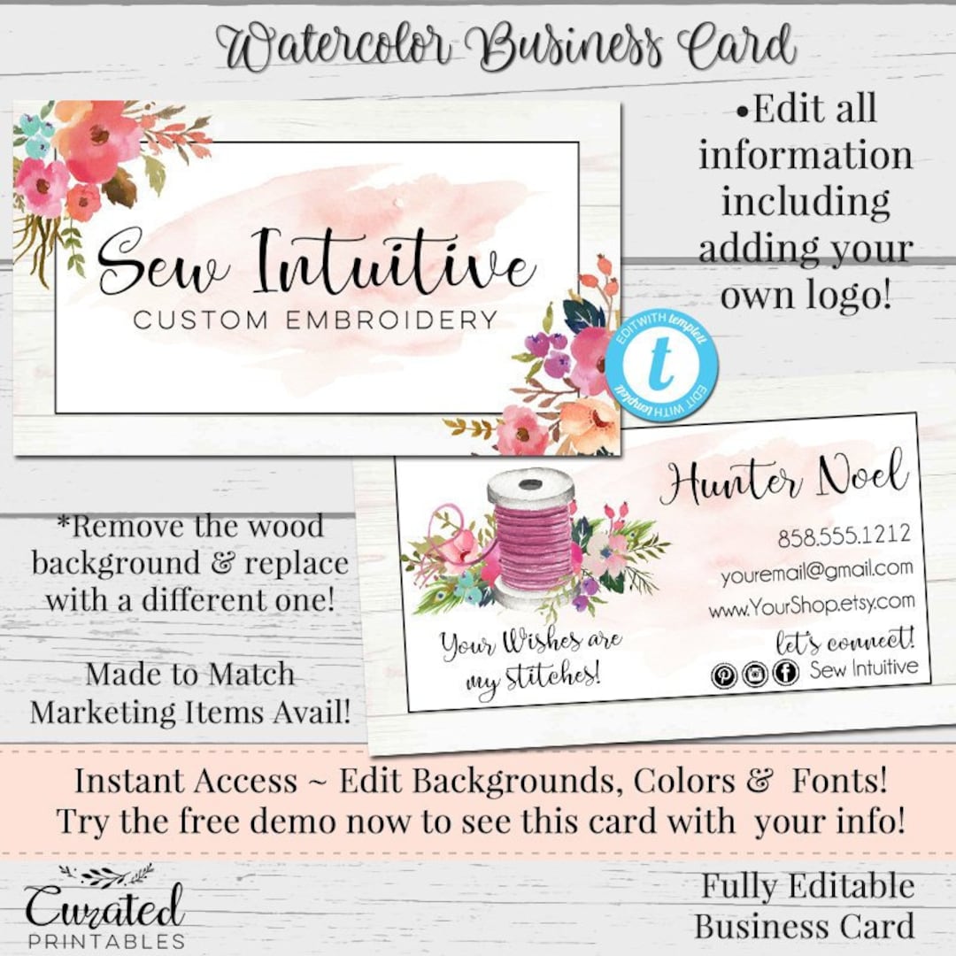 Sewing Business Card, DIY Business Card, Watercolor Card, Editable ...