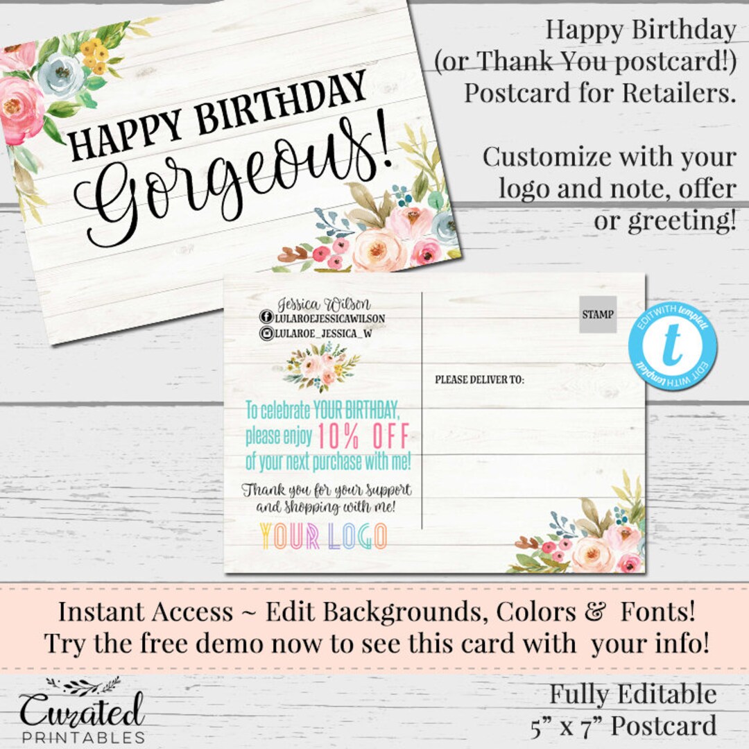 Happy Birthday Postcard, Editable Postcards for Retailers, Customer ...