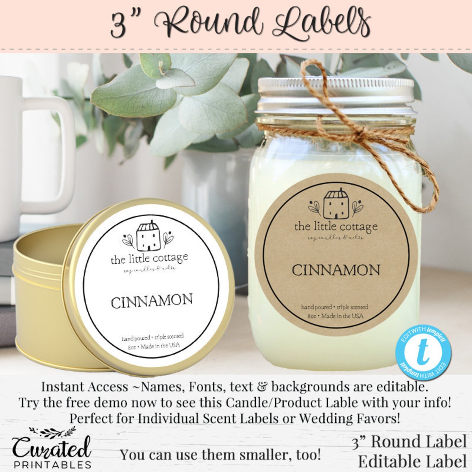 Round Candle Label Editable Label 3 Inch Round Label - Etsy