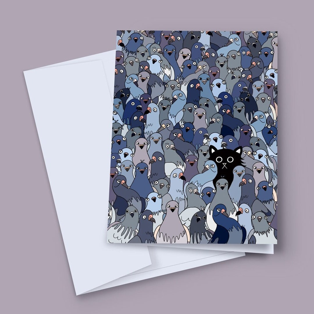 Cute Pigeon Card, Cat Among the Pigeons Card, Funny Blank Greeting Card ...