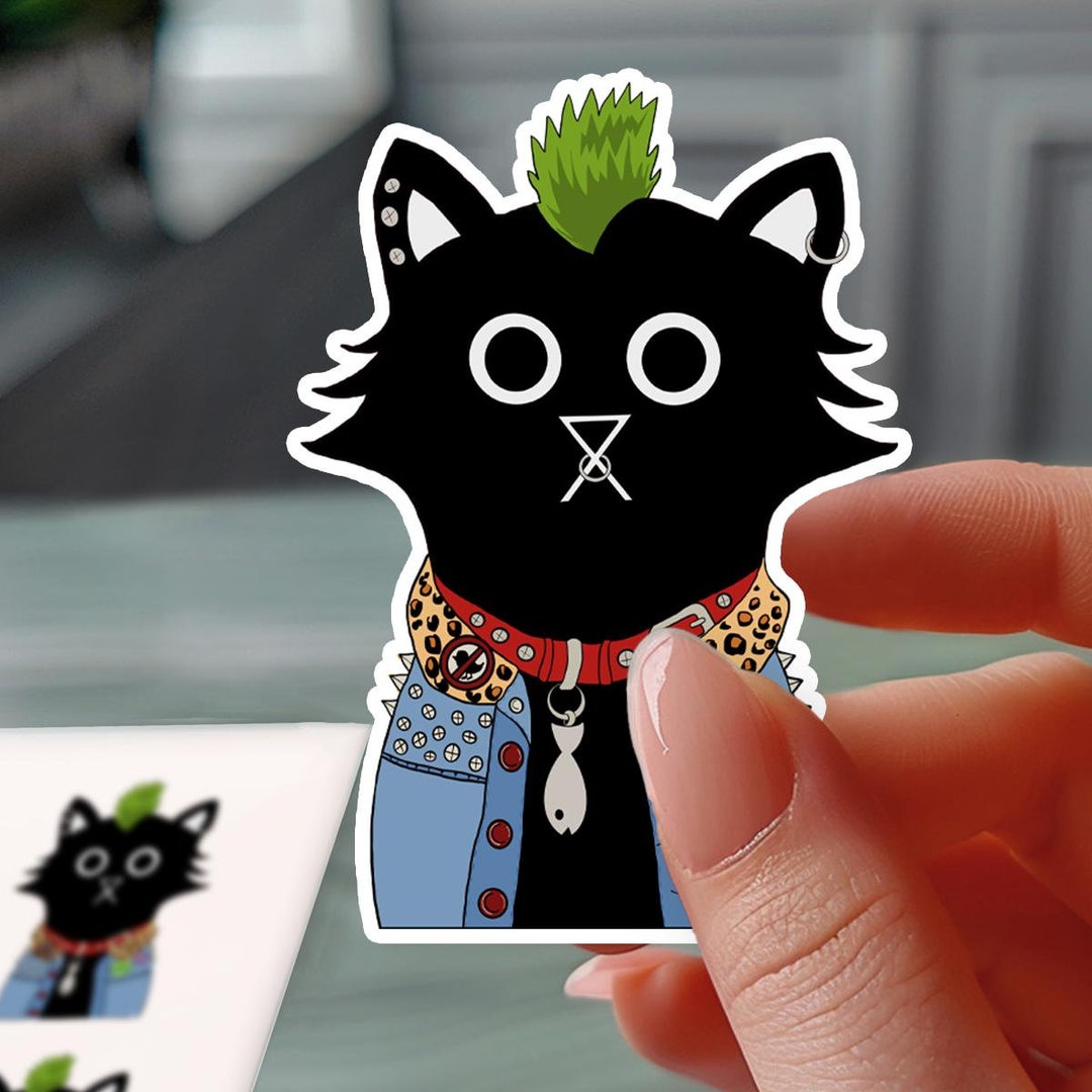 Punk Cat Vinyl Sticker, Black Cat With Green Mohawk, Cool Cat Art Decal ...