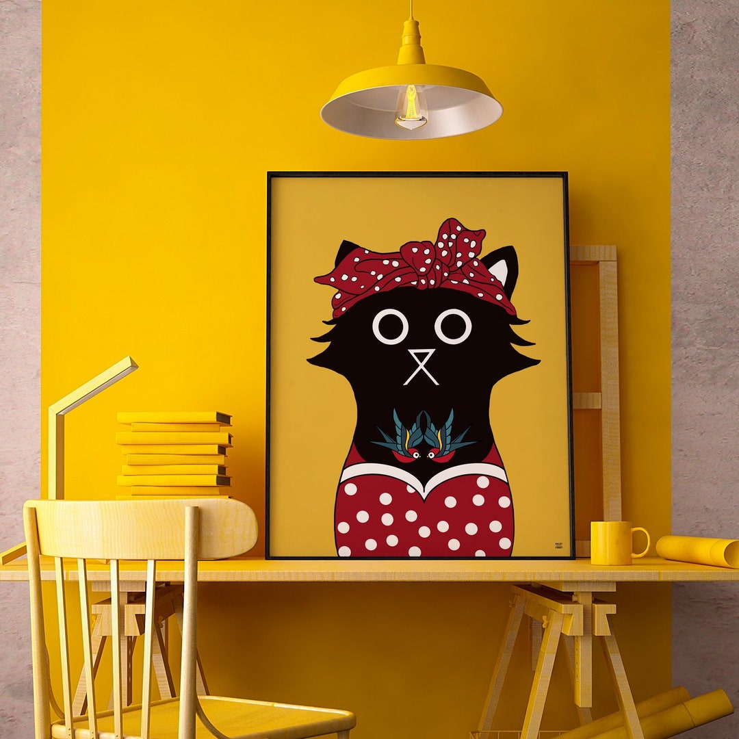 Rockabilly Cat Dress Wall Art Print, Tattoo Print, Rockabilly Wall Art ...