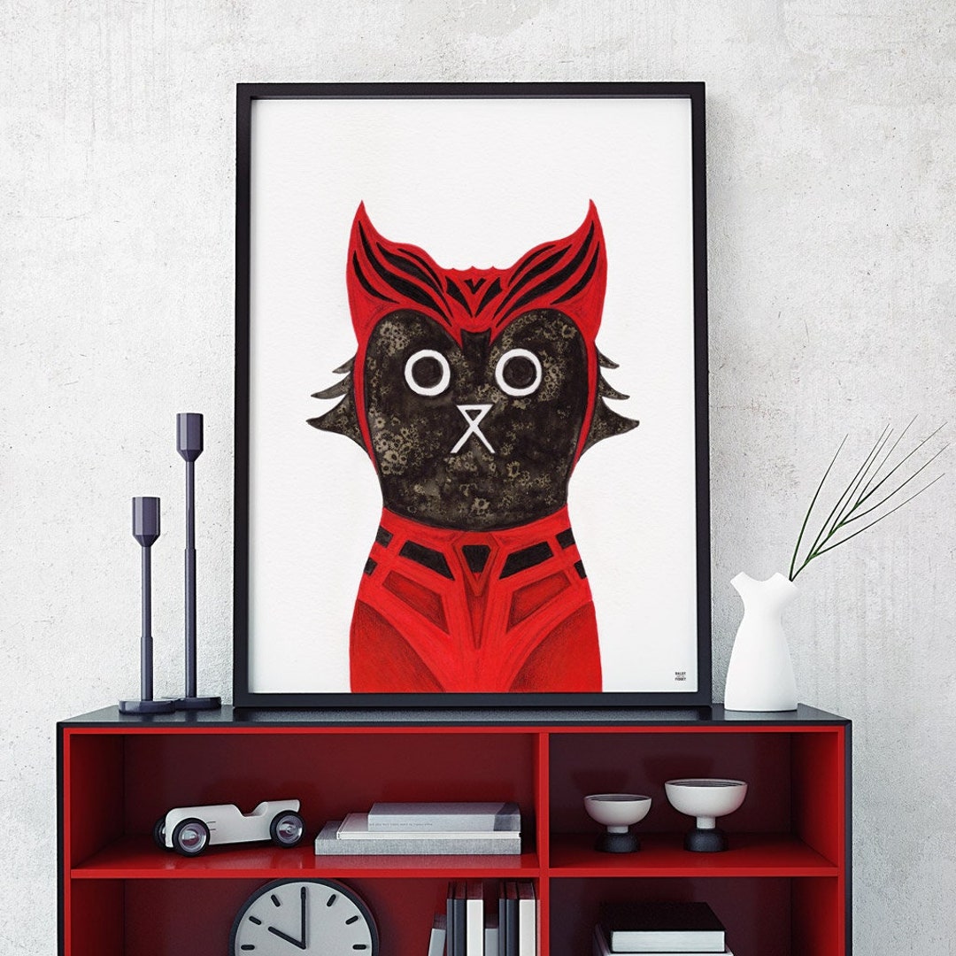 Scarlet Cat Black Cat Superhero Print – Handcrafted Wall Art, Comic Cat ...