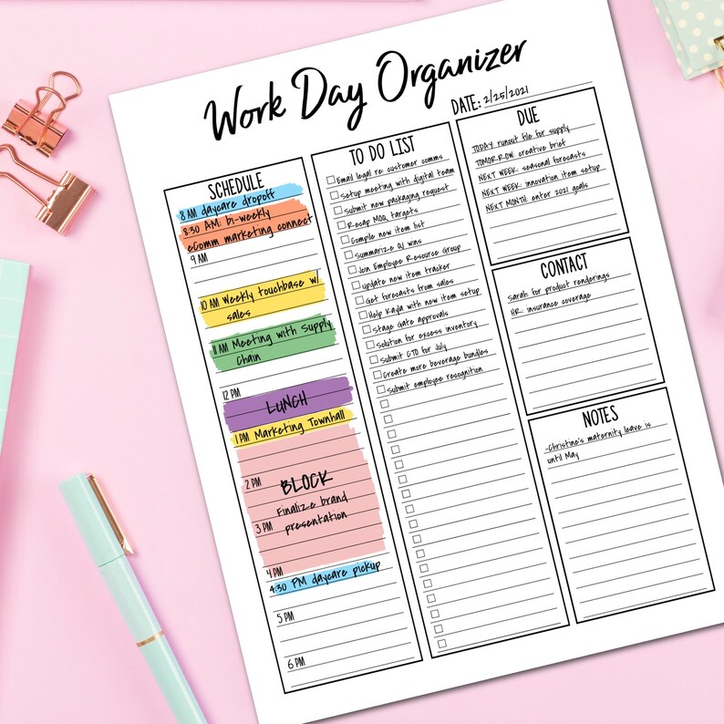Work Day Organizer Office Organizer Daily Planner Page Work - Etsy