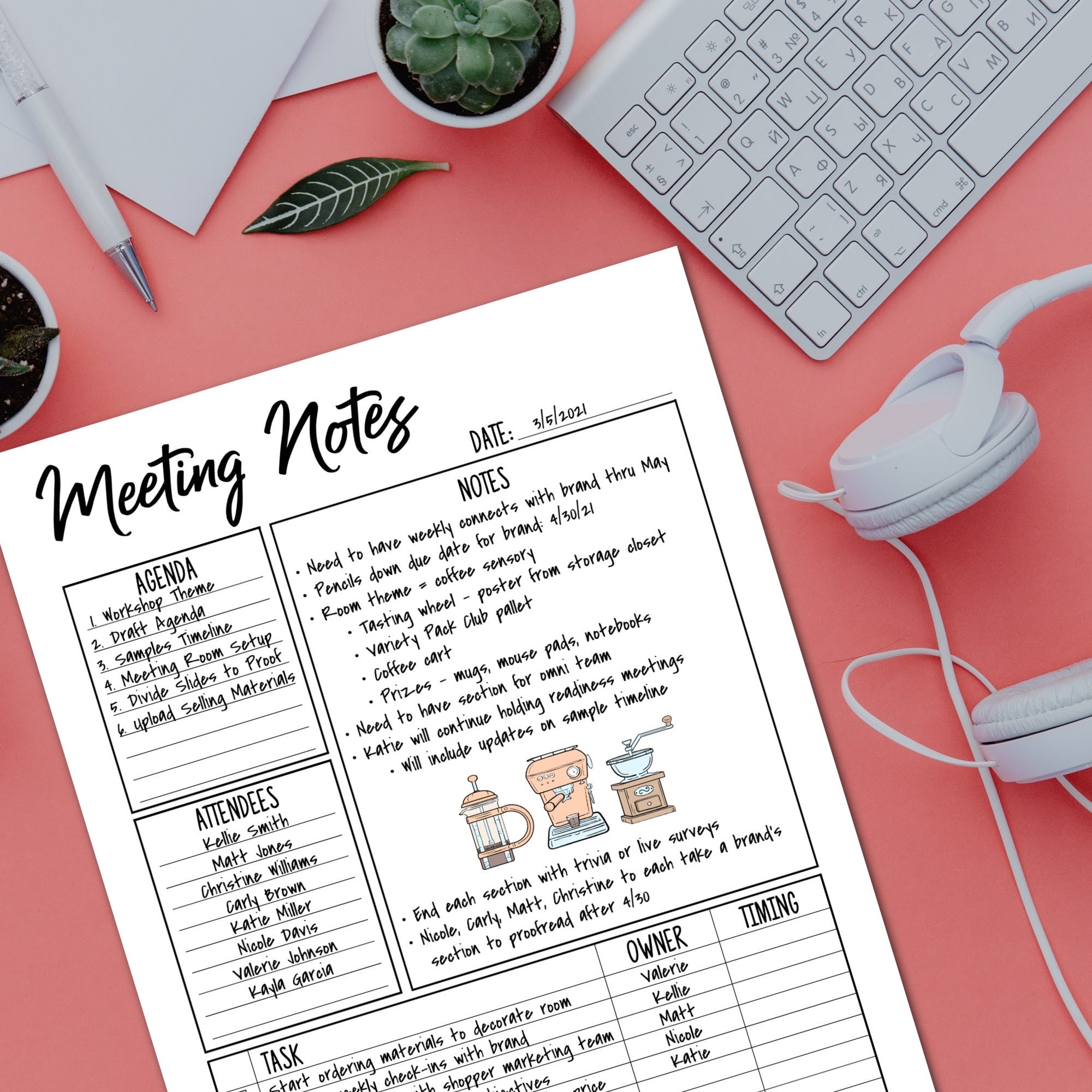Printable Meeting Notes Template, Work Day Organizer, Office Organizer ...