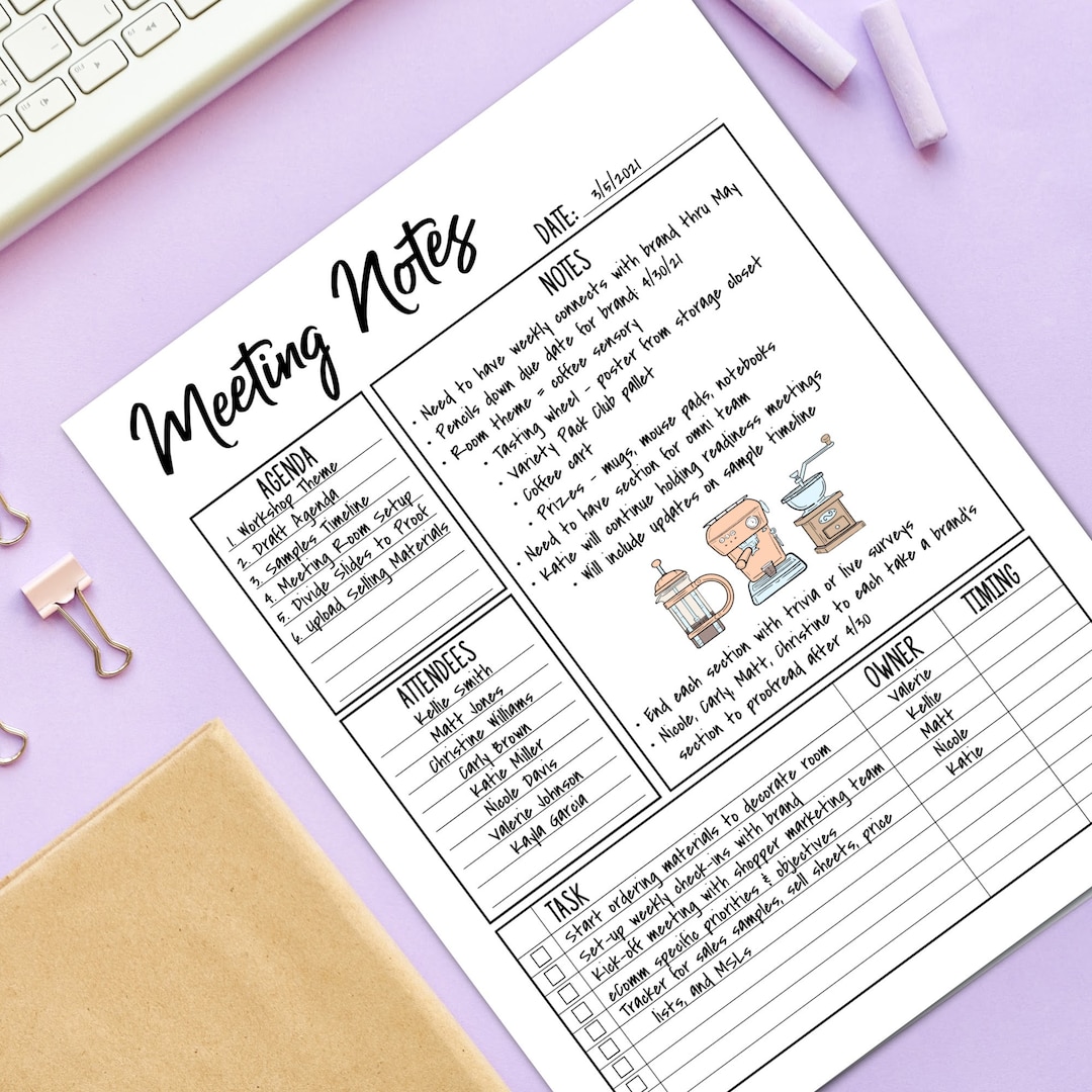 Printable Meeting Notes Template, Work Day Organizer, Office Organizer ...