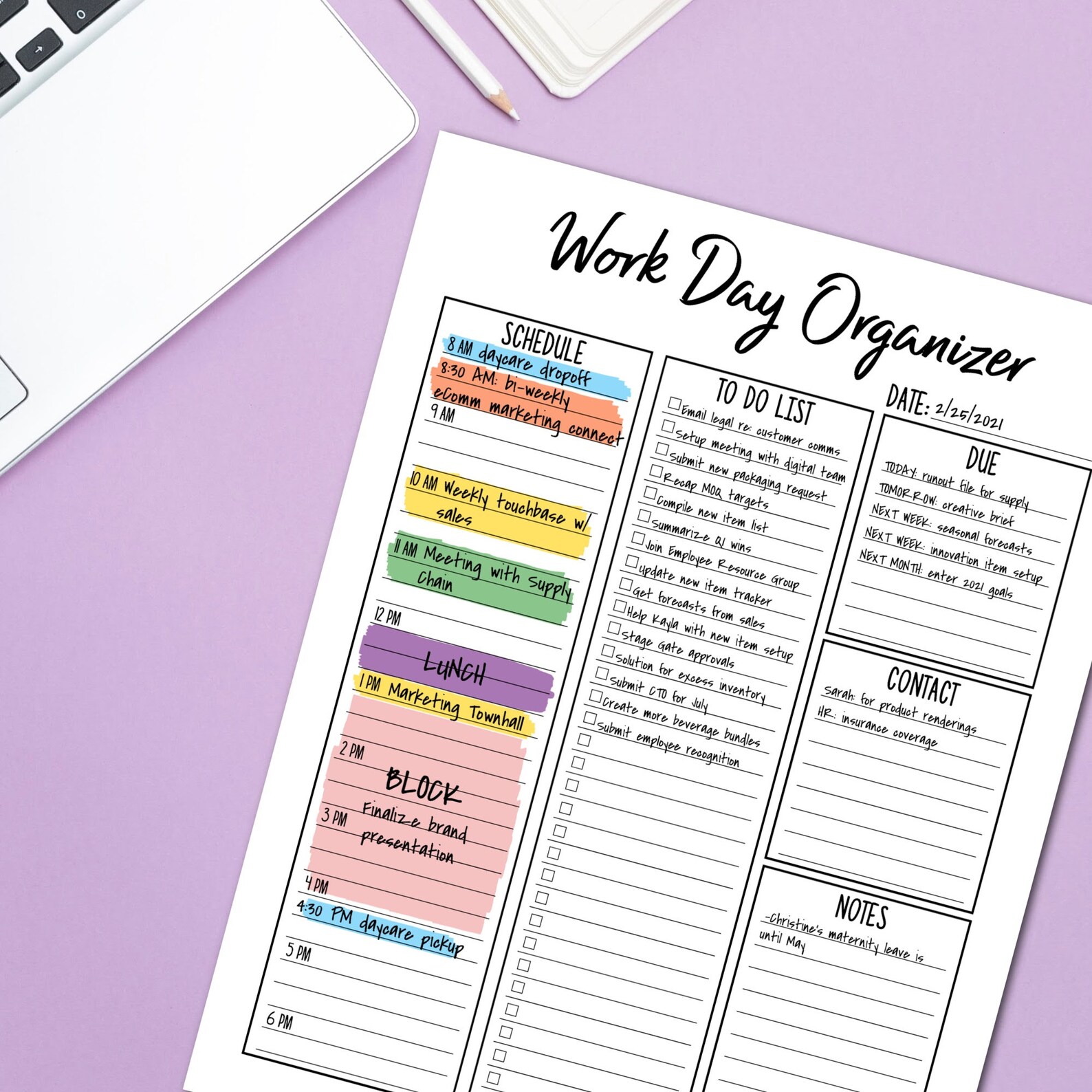 Work Day Organizer, Office Organizer, Daily Planner Page, Work Planner ...
